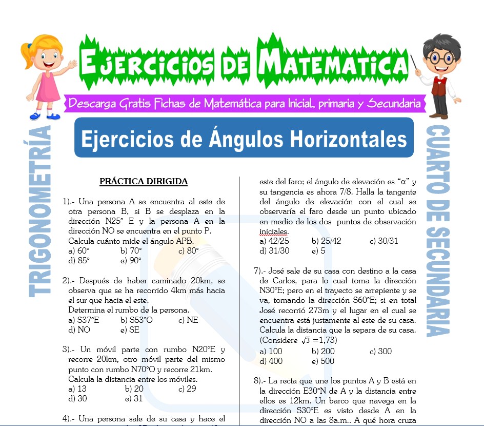 Ejercicios de Ángulos Horizontales para Cuarto de Secundaria